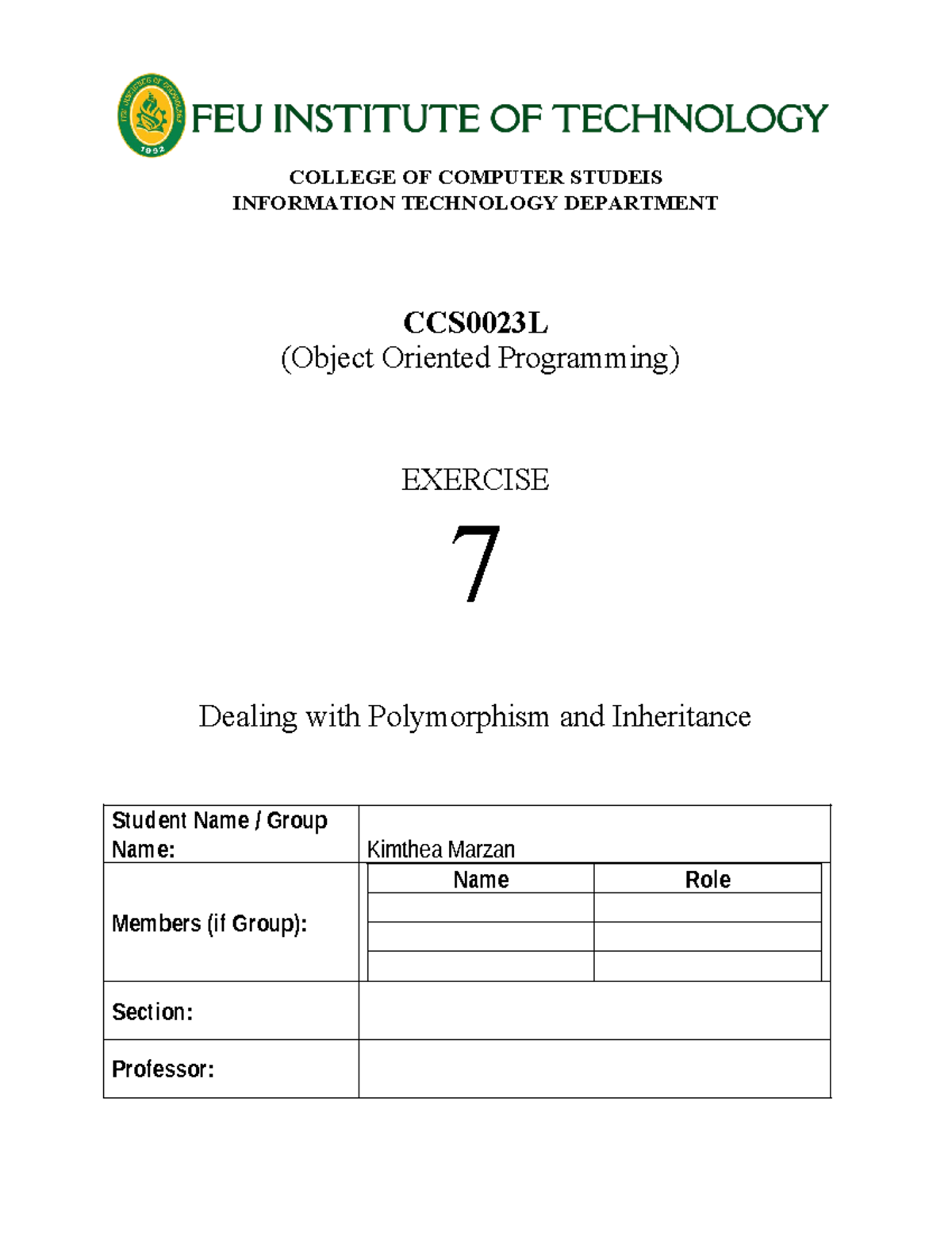 Lab Exp 7 (Dealing with Polymorphism and Inheritance) - COLLEGE OF COMPUTER STUDEIS INFORMATION ...