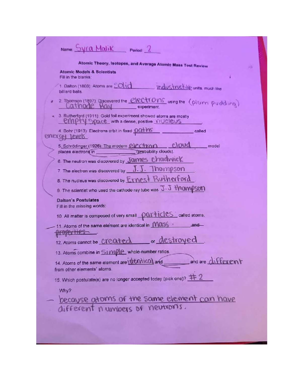 Final Exam Study Guide for Course X: Atomic Theory & Isotopes Review ...