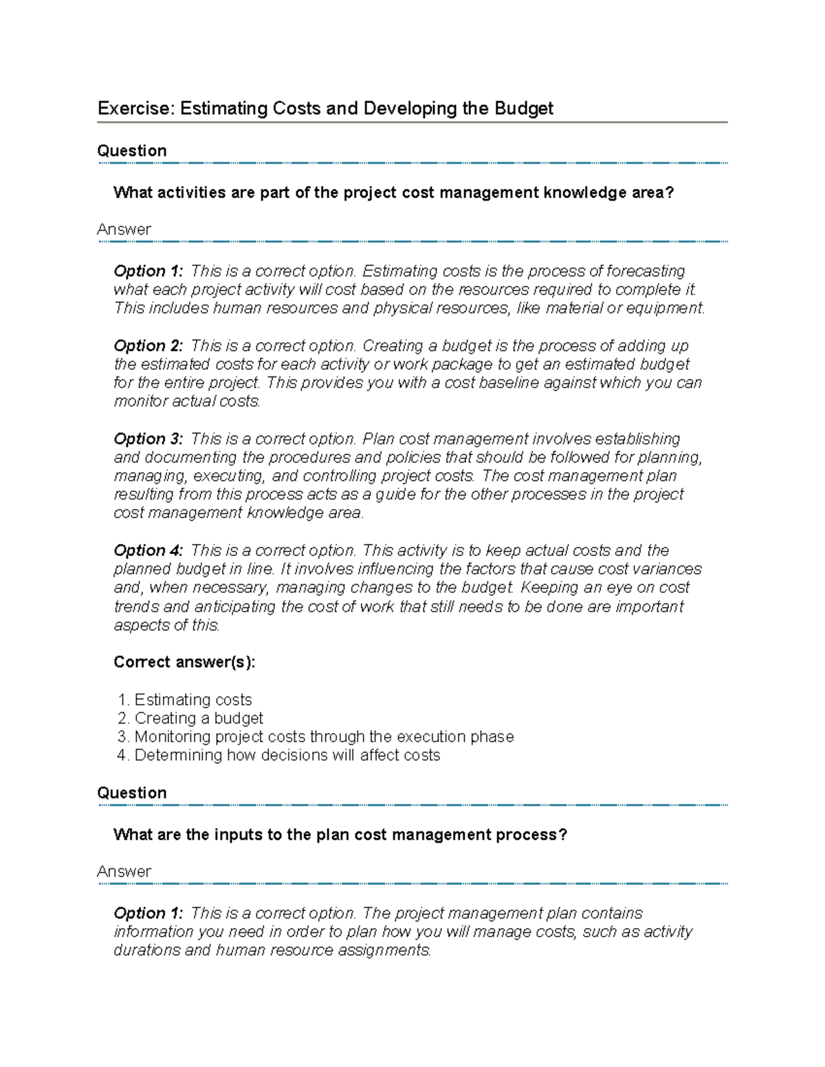 Pmbok Exercise 7: Project Cost Management Fundamentals - Studocu