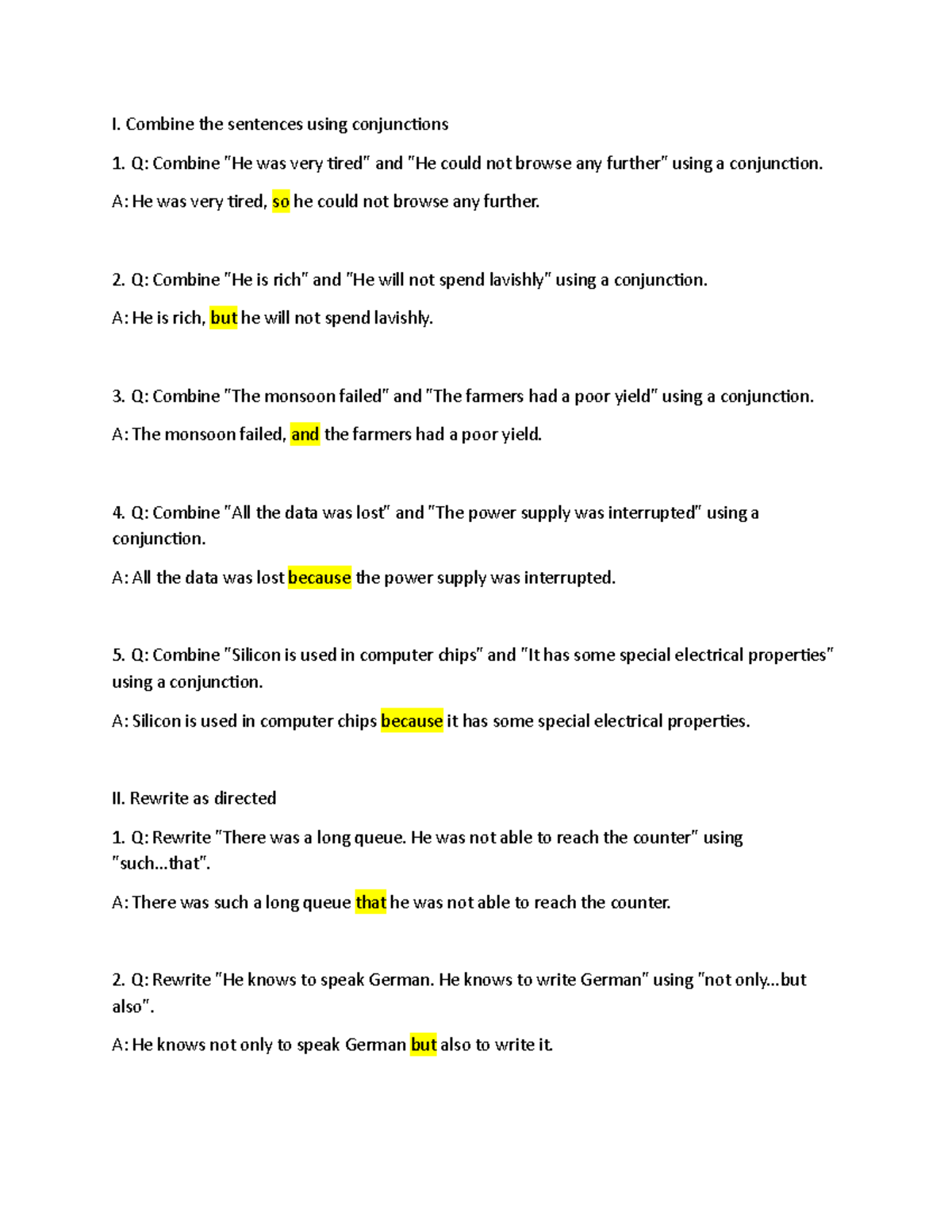 Conjunctions Practice Exercises for English Language Learners - Studocu