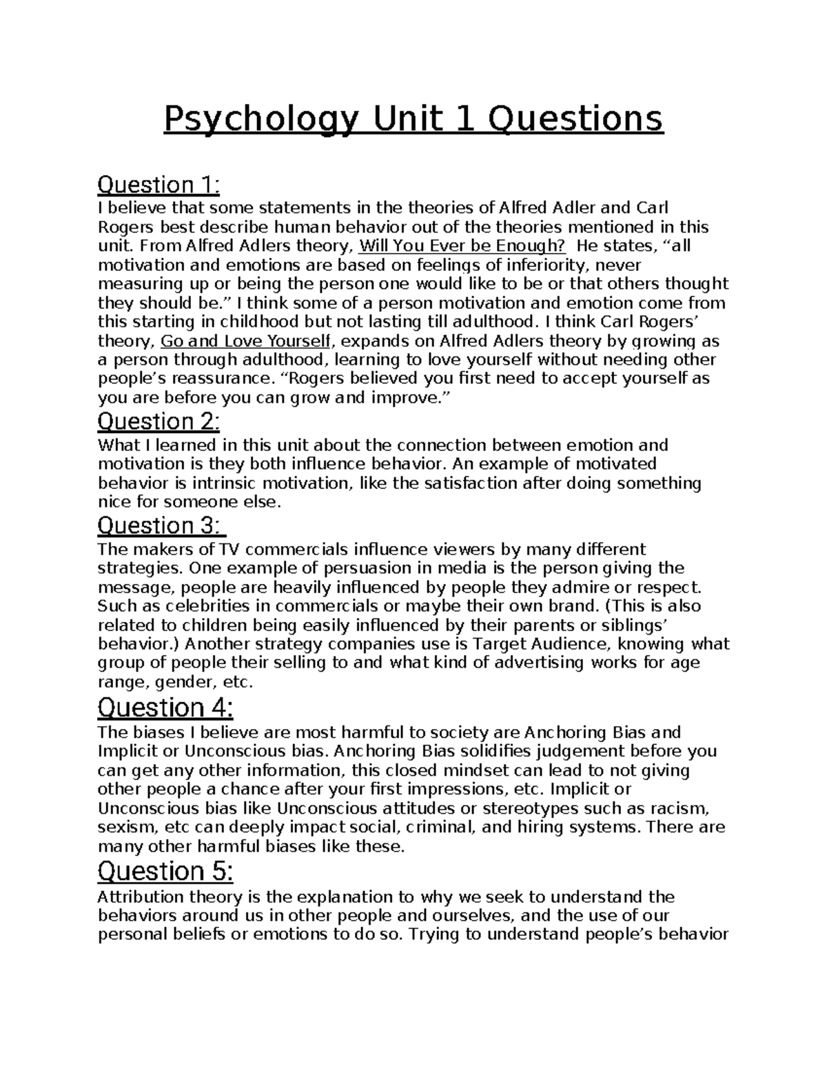 Psychology 101: Unit 1 Questions & Insights on Behavior - Studocu