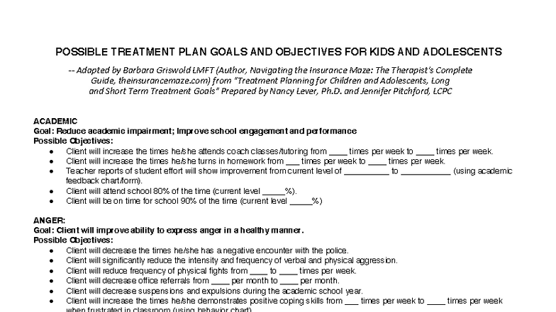 Treatment Plan Goals for Kids & Teens: Strategies for Improvement - Studocu