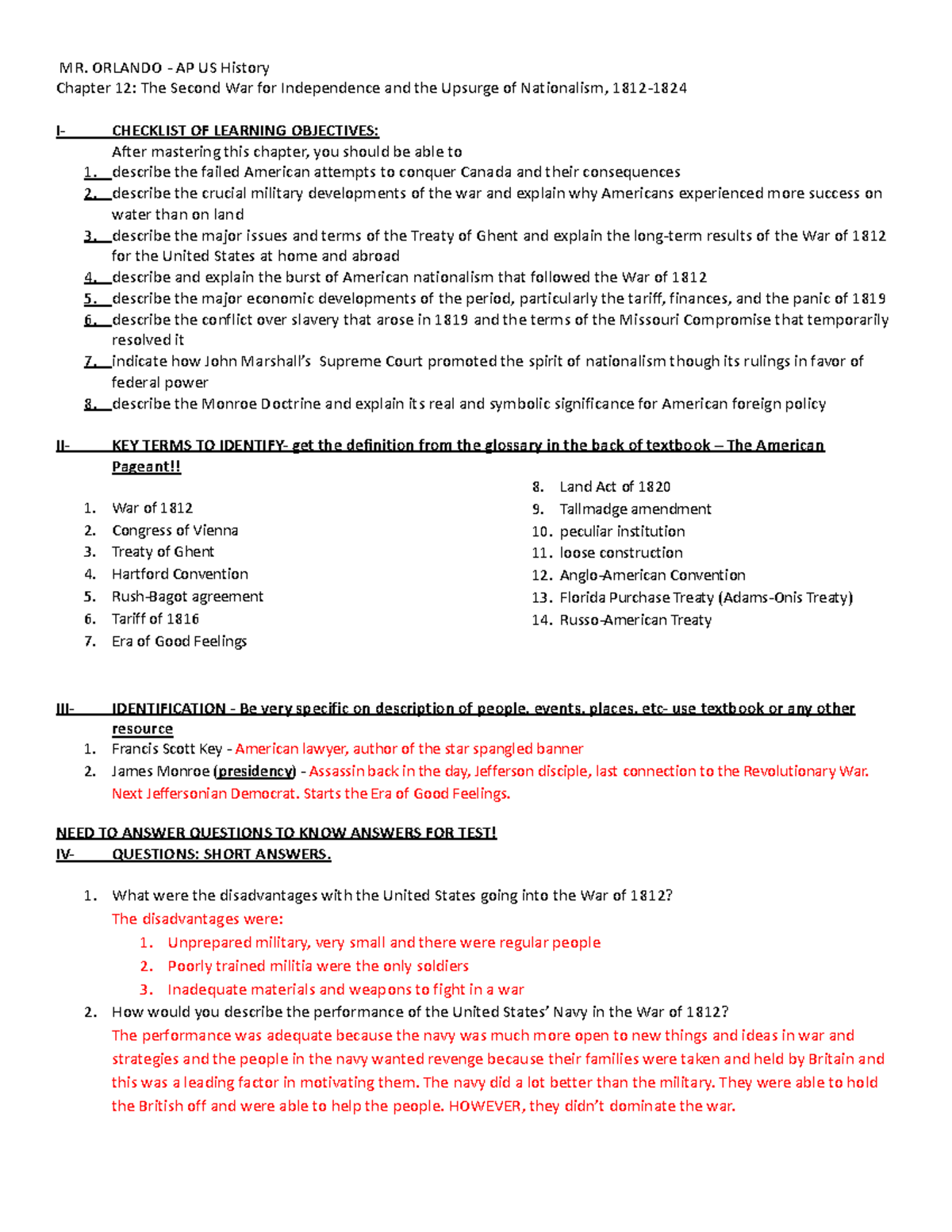 Study Guide: Chapter 12 - The War of 1812 & American Nationalism - Studocu