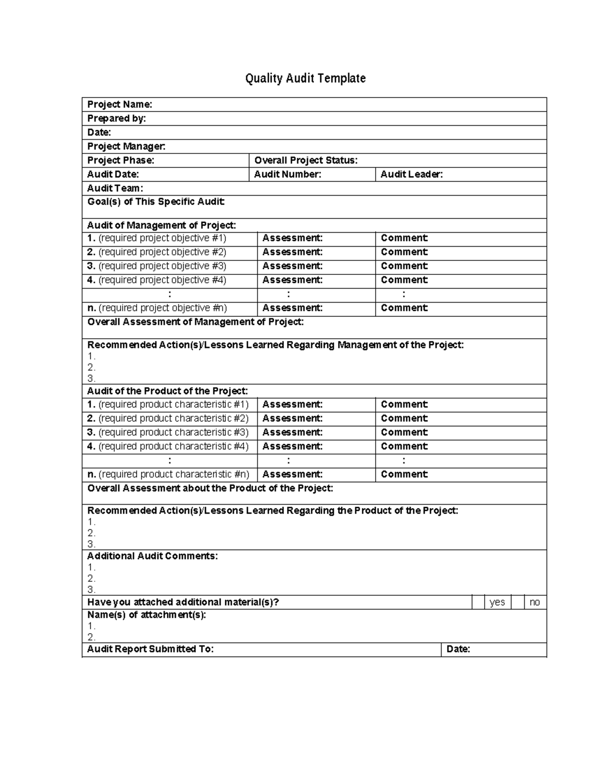 Quality Audit Template - Quality Audit Template Project Name: Prepared ...