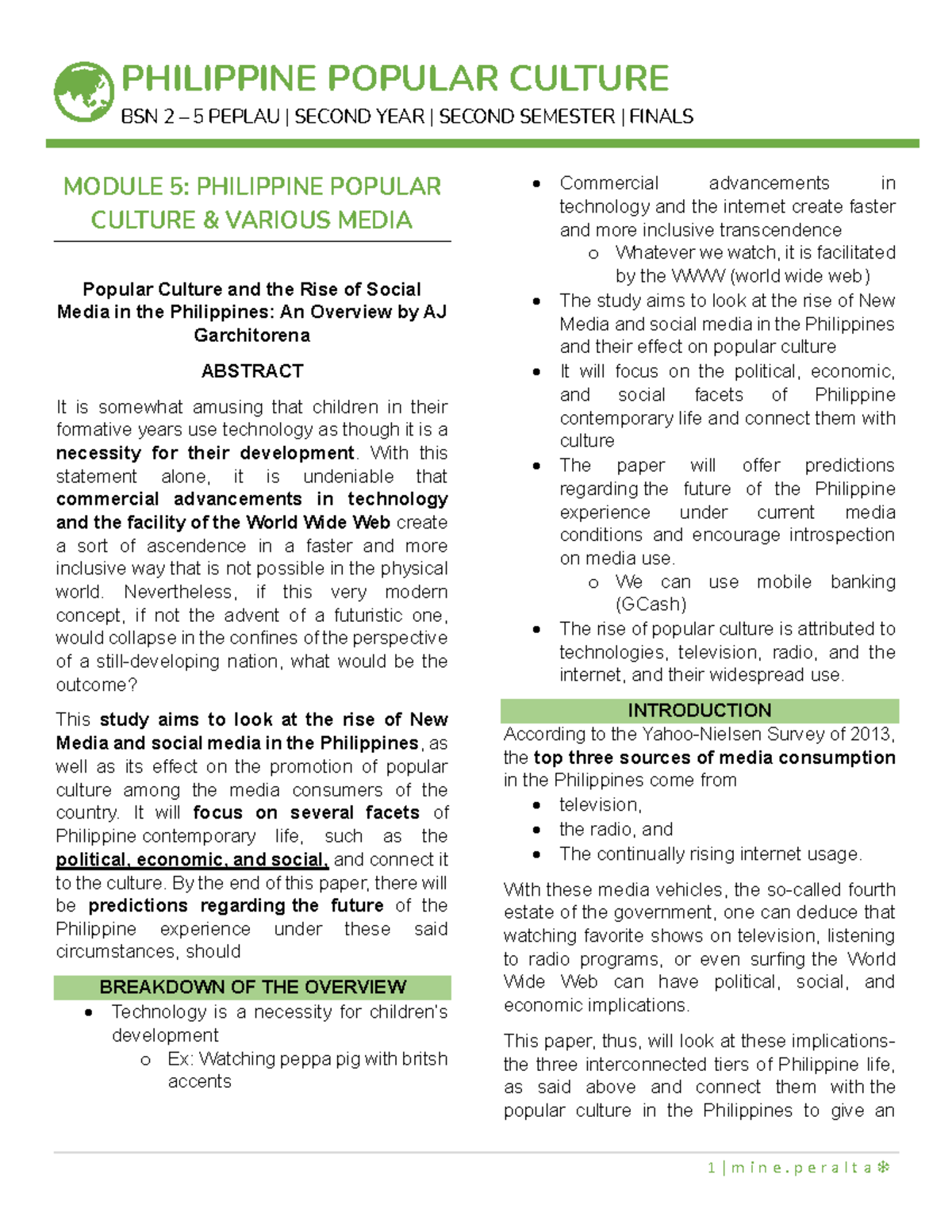 Philippine Popular Culture: BSN 2-5 Finals Exploration of Media Impact ...