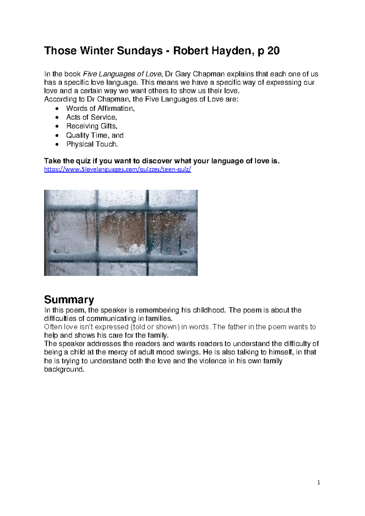 Those Winter Sundays: Analysis and Insights on Parental Love - Studocu