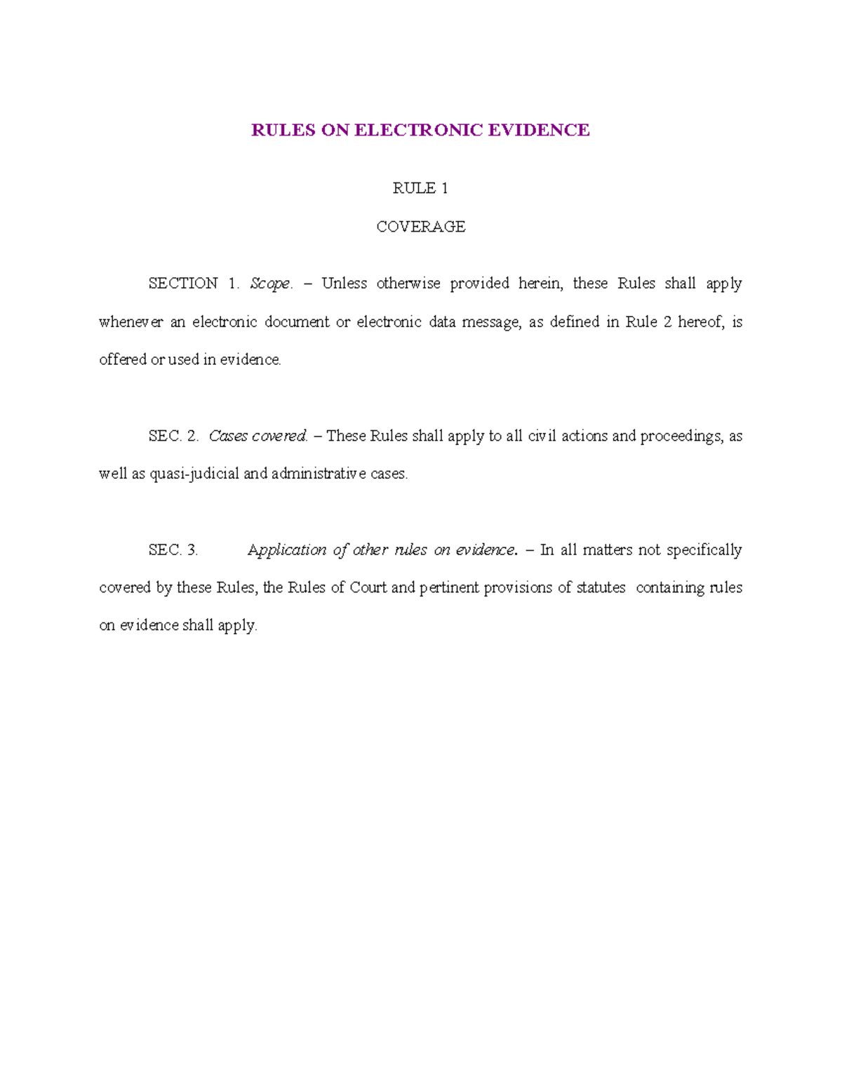 Rules on Electronic Evidence: Coverage and Definitions - Studocu