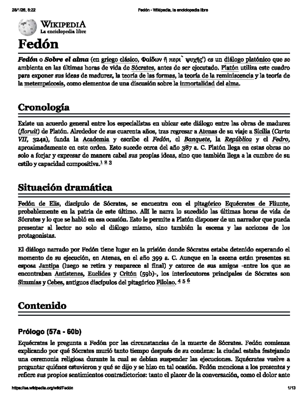 Fedón: Diálogo Platónico sobre el Alma y la Inmortalidad - Studocu