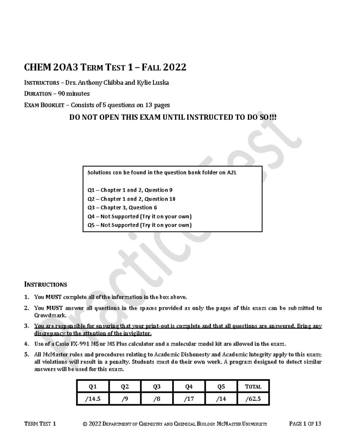 CHEM 2OA3 F2022 Term Test 1 Practice Questions and Solutions - Studocu