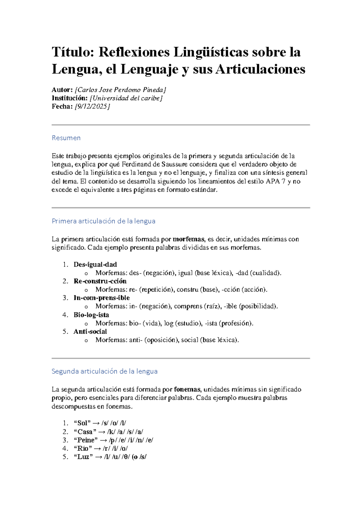 Reflexiones Lingüísticas: Lengua y Lenguaje - Actividad 3 - Studocu