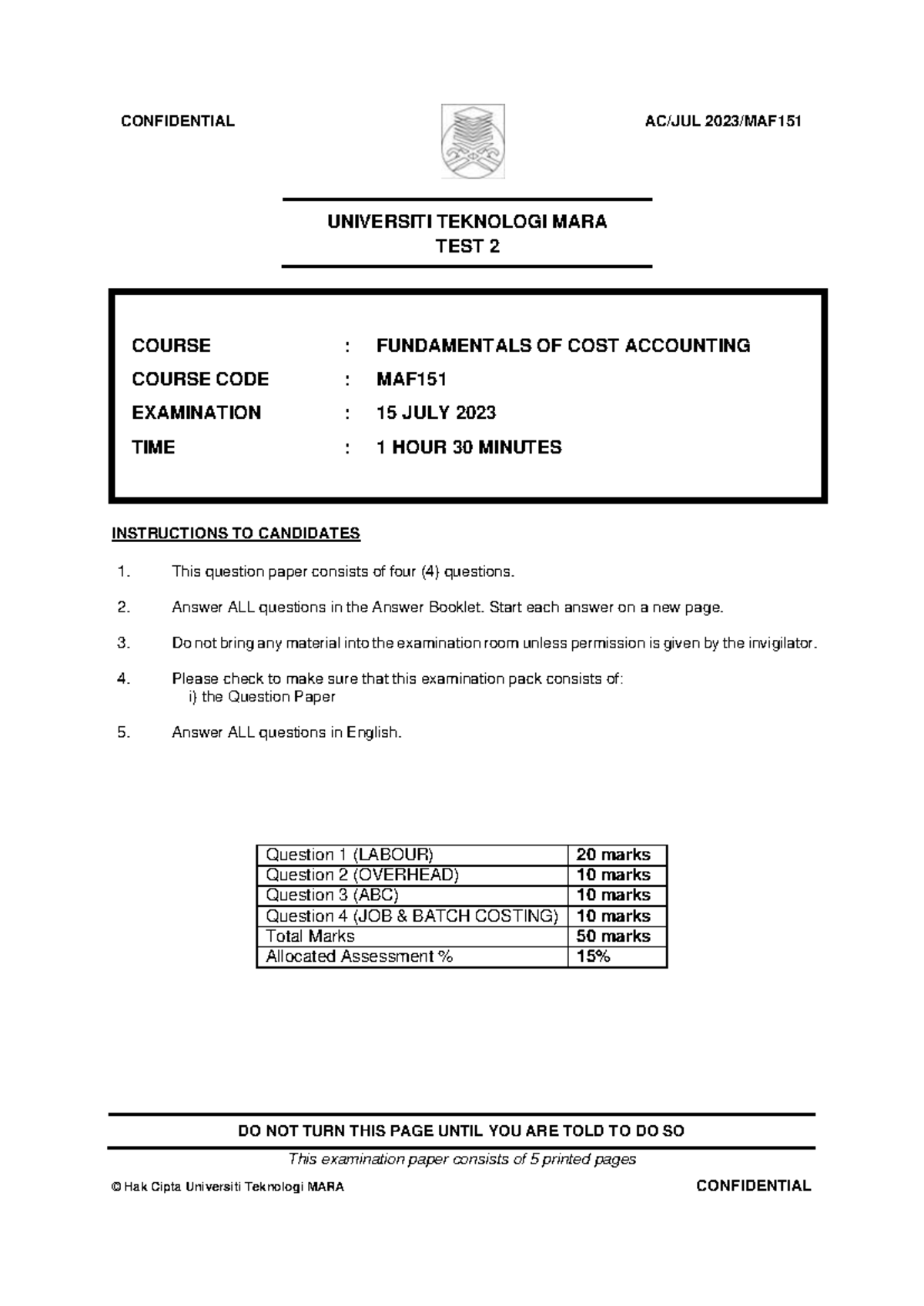 Test 2 MAF151: Past Year Questions - Fundamentals of Cost Accounting ...