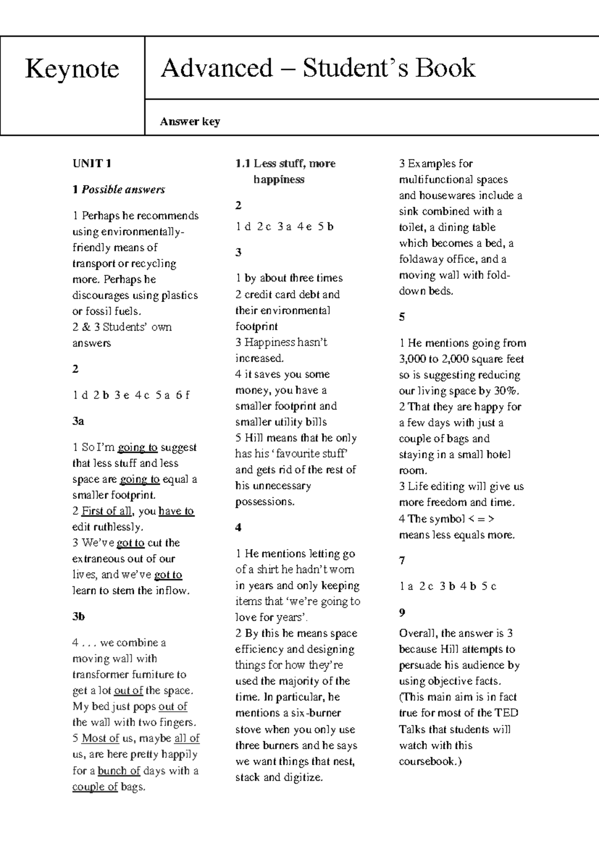Keynote Advanced Student's Book Answer Key: Units 1-3 Solutions - Studocu