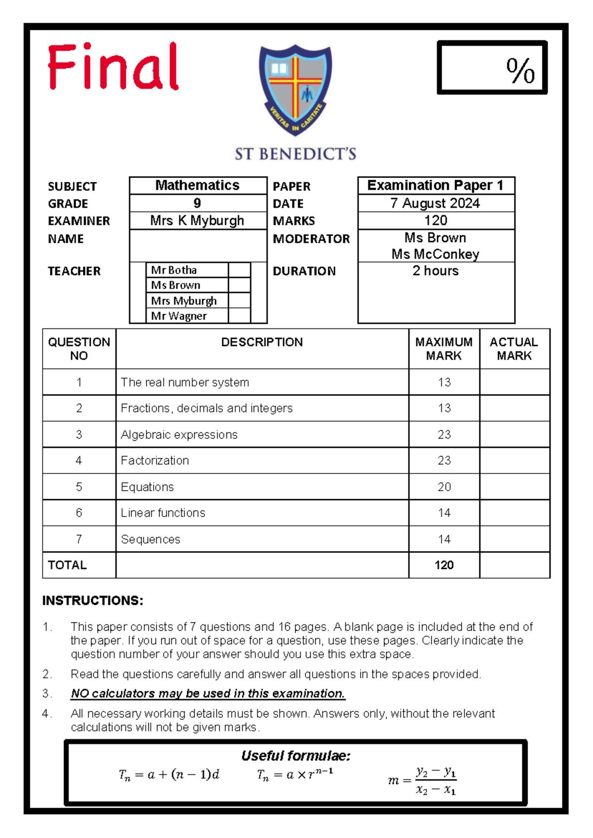 Grade 9 Mathematics Examination Paper 1 - Studocu