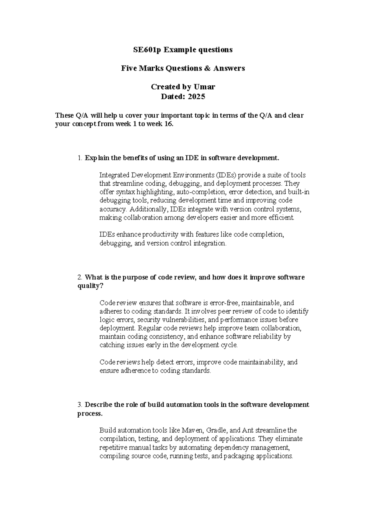 SE601p Example Questions: Key Concepts and Answers for Software Dev ...