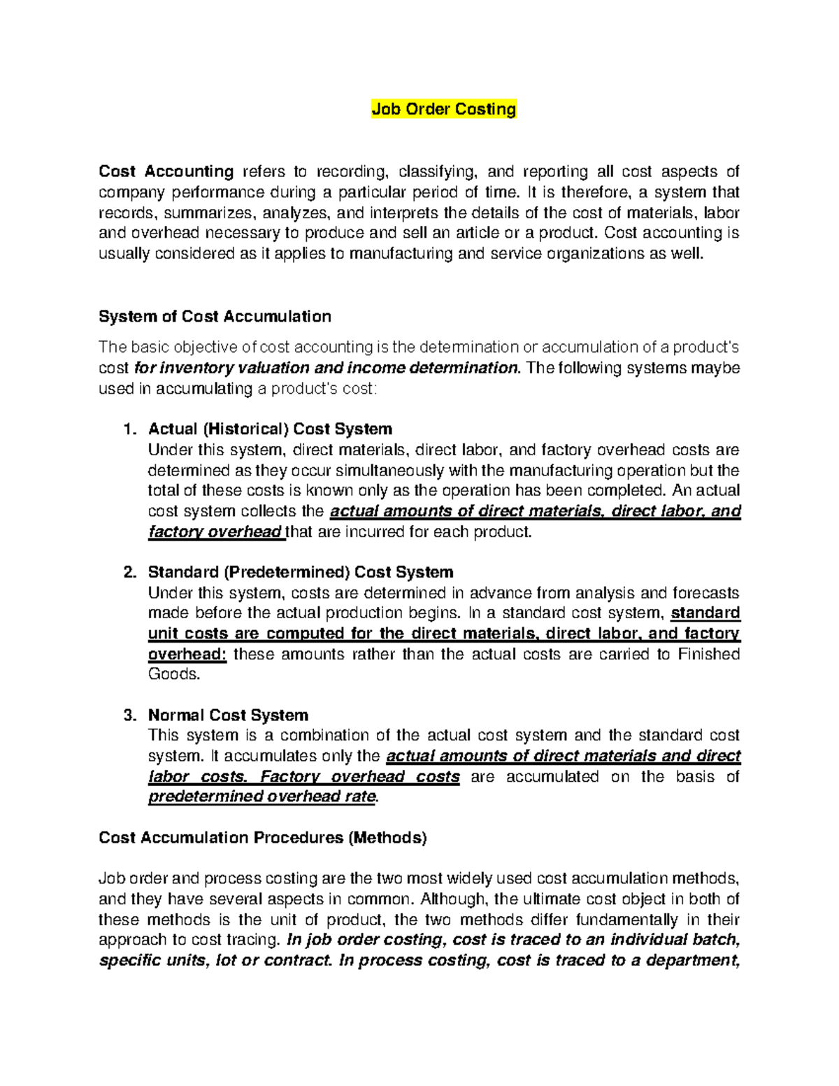 Lesson 1: Job Order Costing in Cost Accounting (COST) Overview - Studocu