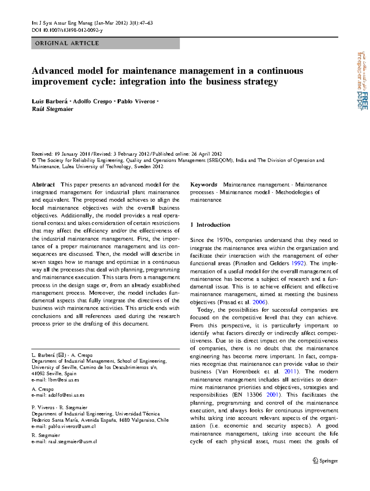 Advanced Maintenance Management Model in Continuous Improvement Cycle ...