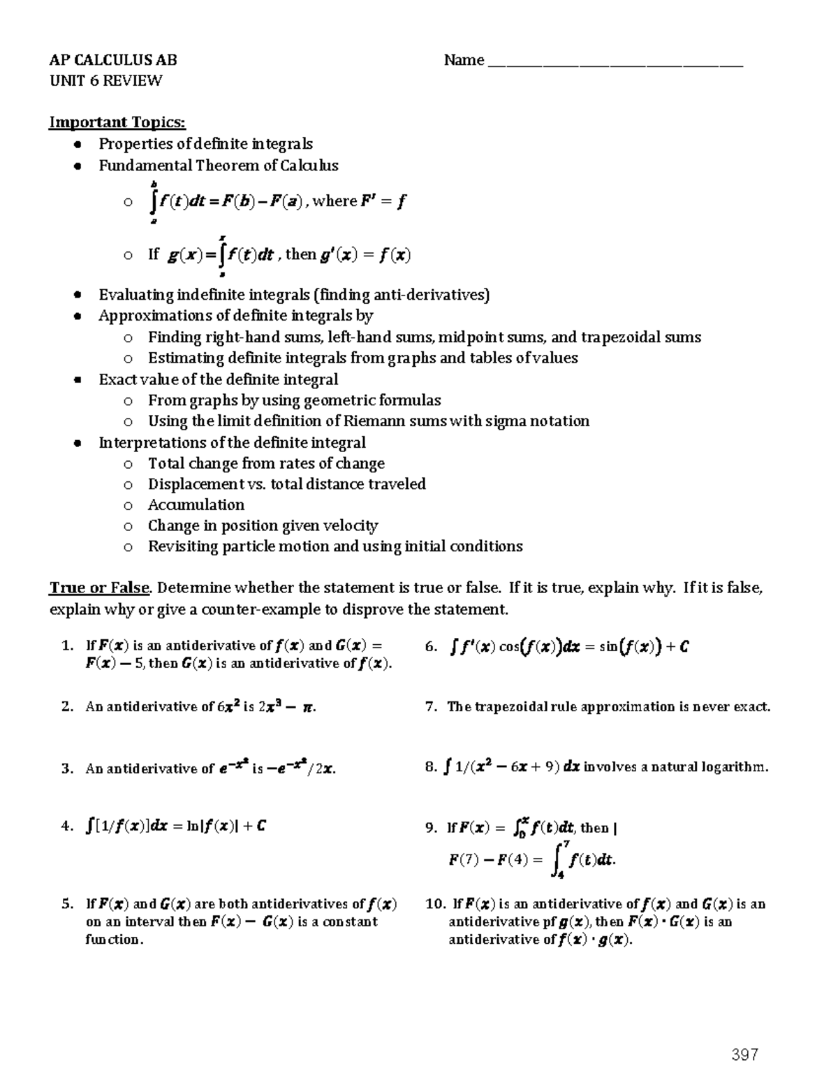 AP CALCULUS AB UNIT 6 REVIEW: Key Concepts on Integrals and Theorems ...