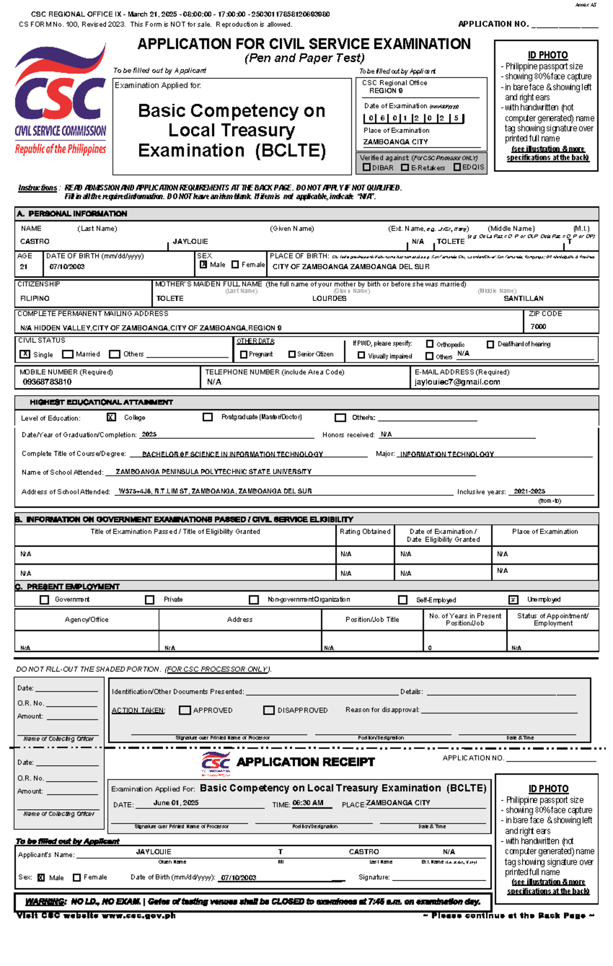 Castro Jaylouie Bclte APP - Annex A APPLICATION FOR CIVIL SERVICE ...