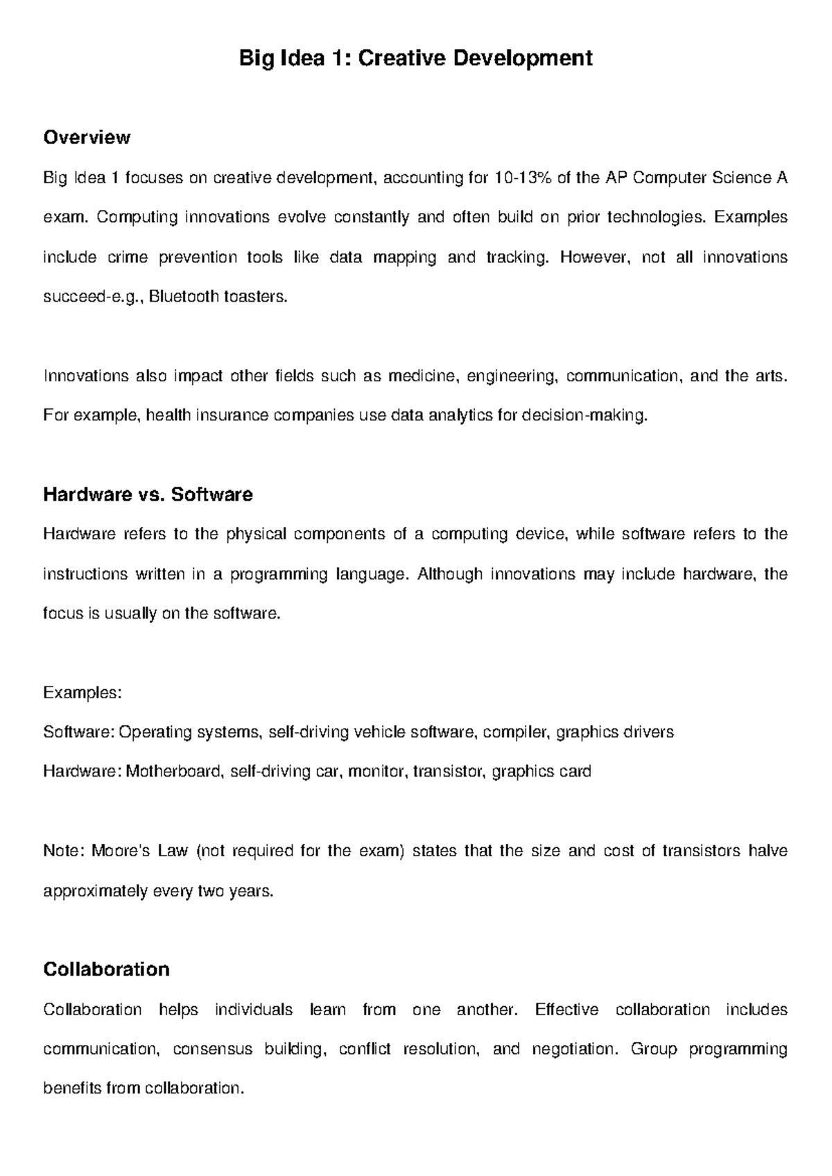 Big Idea 1: Overview of Creative Development in AP Comp Sci A - Studocu