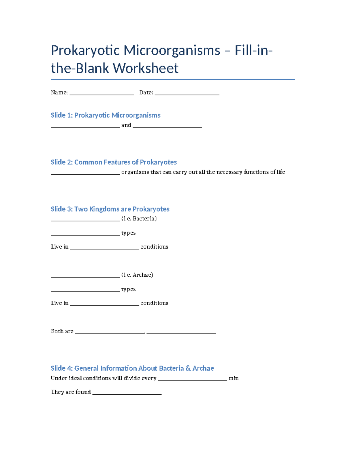 Prokaryotic Microorganisms Worksheet: Key Features & Functions - Studocu