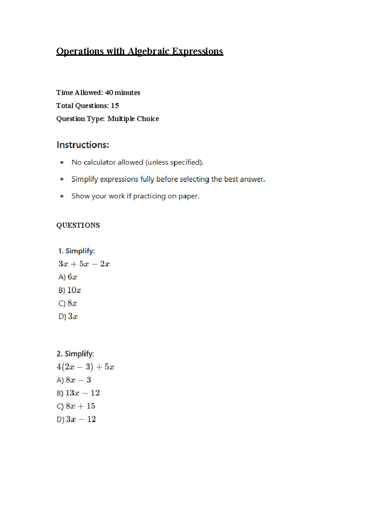 Operations with Algebraic Expressions test - Numerical Computation ...
