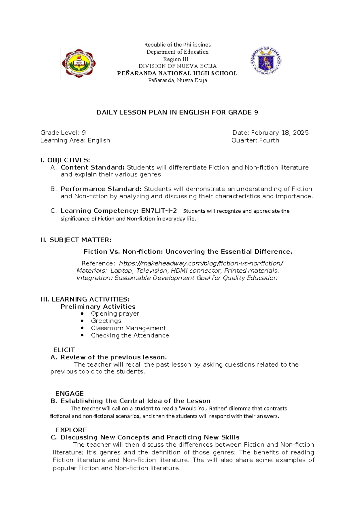 Grade 9 Daily Lesson Plan: Fiction vs. Literature Analysis - Studocu