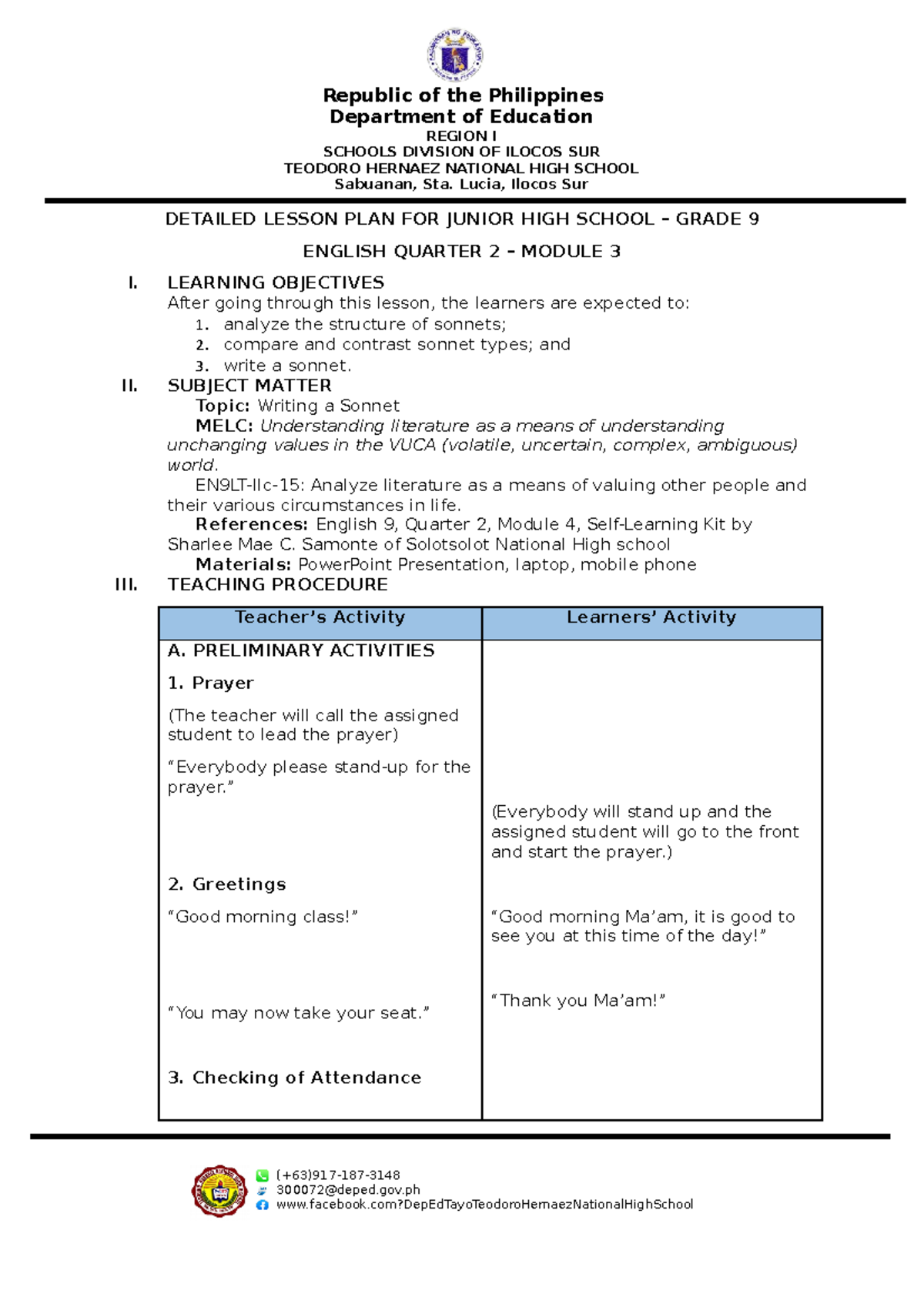 Sonnet DLP-D1 - Daily Lesson Plan for Grade 9 - (+63)917-187- 300072 ...