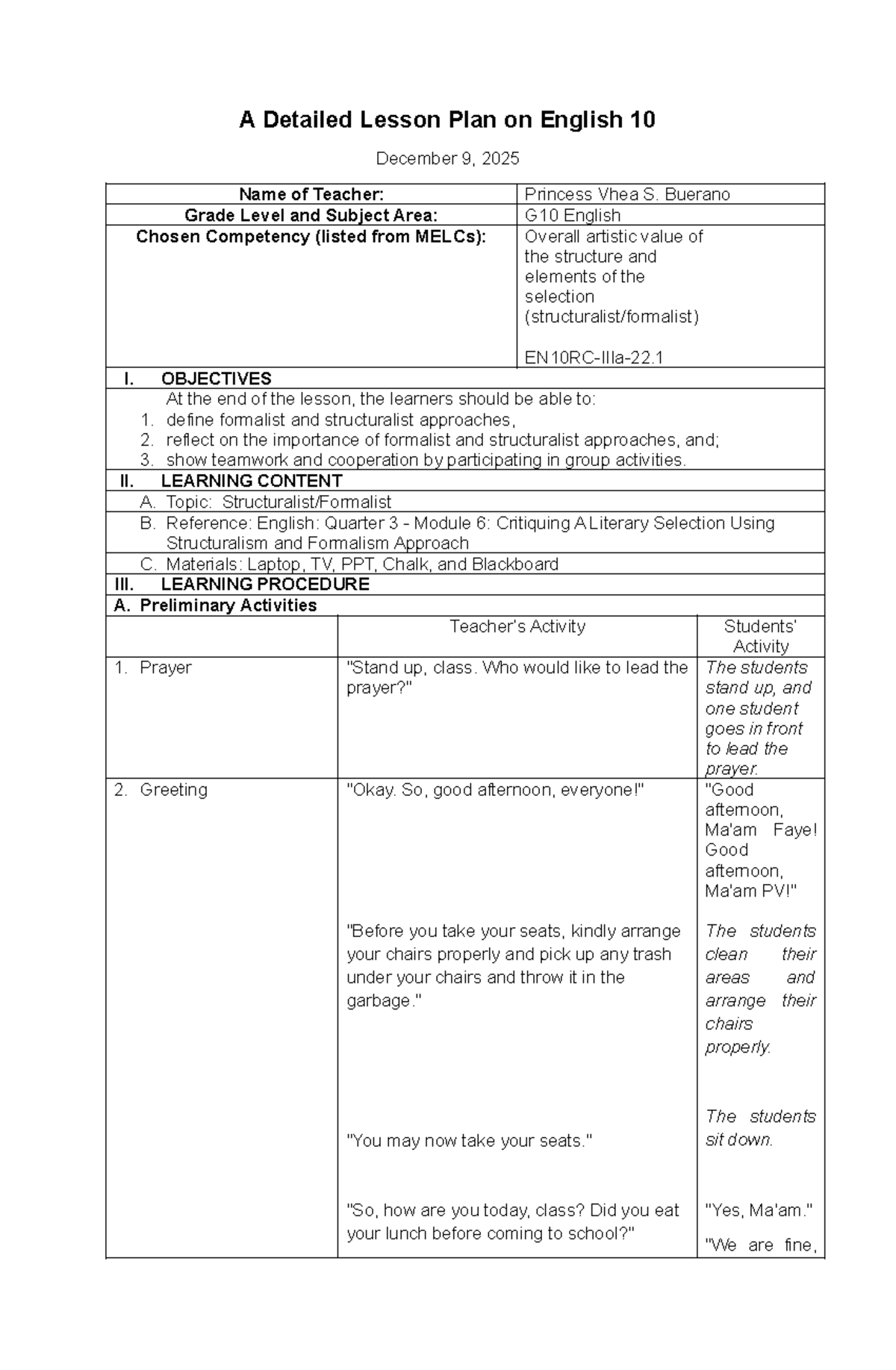 G10 English Lesson Plan: Exploring Formalist & Structuralist Approaches ...