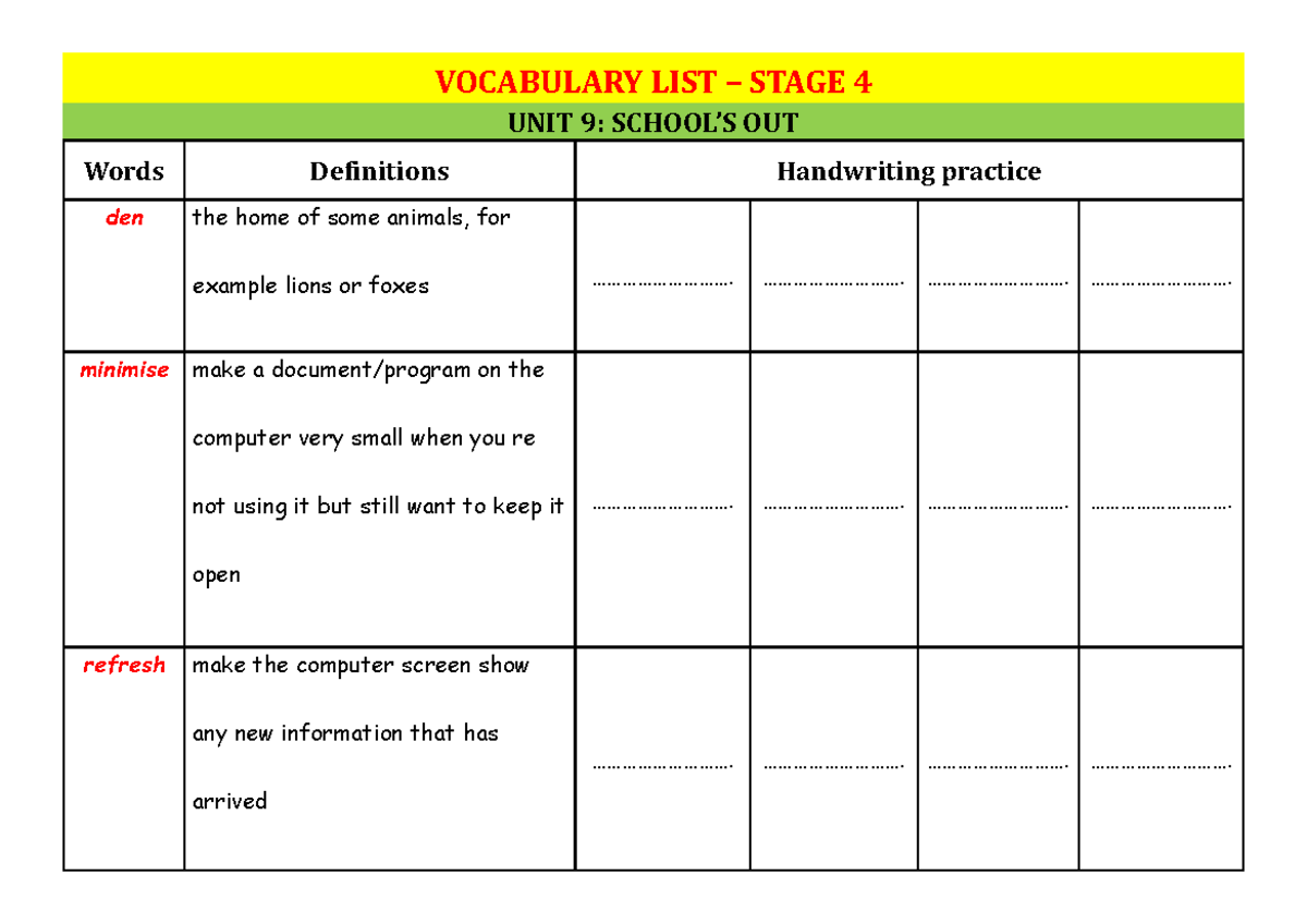 Unit 9 Vocabulary List - Handwriting Practice for English Class - Studocu