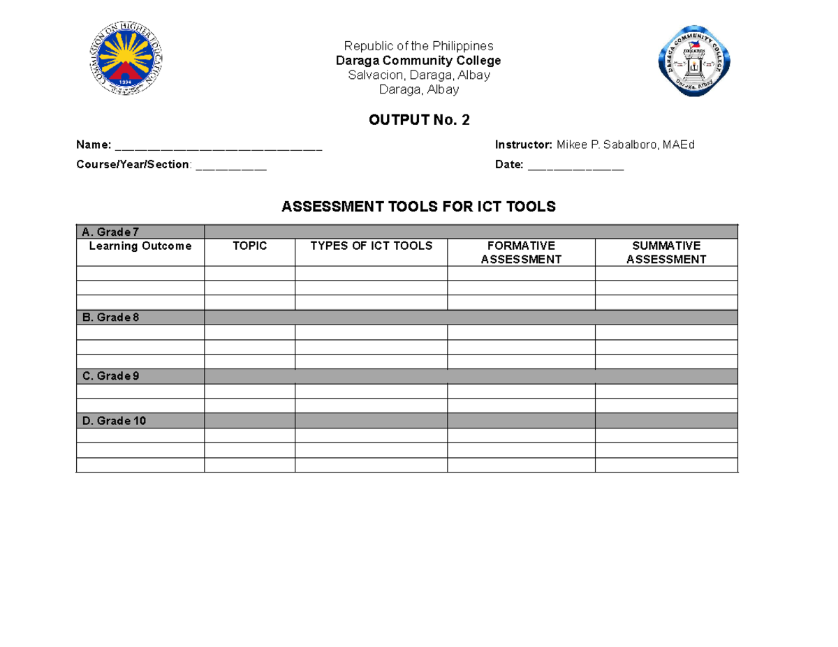 Assessment-Tools-Matrix - Bachelor of Secondary Education major in ...