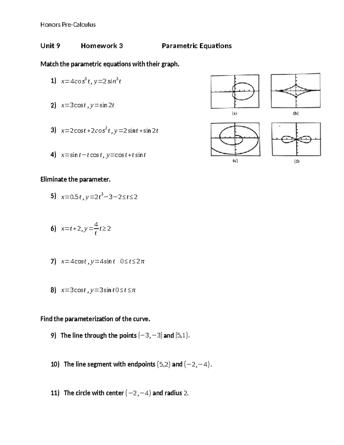 Unit 9 Homework 3: Parametric Equations in Honors Pre-Calculus - Studocu