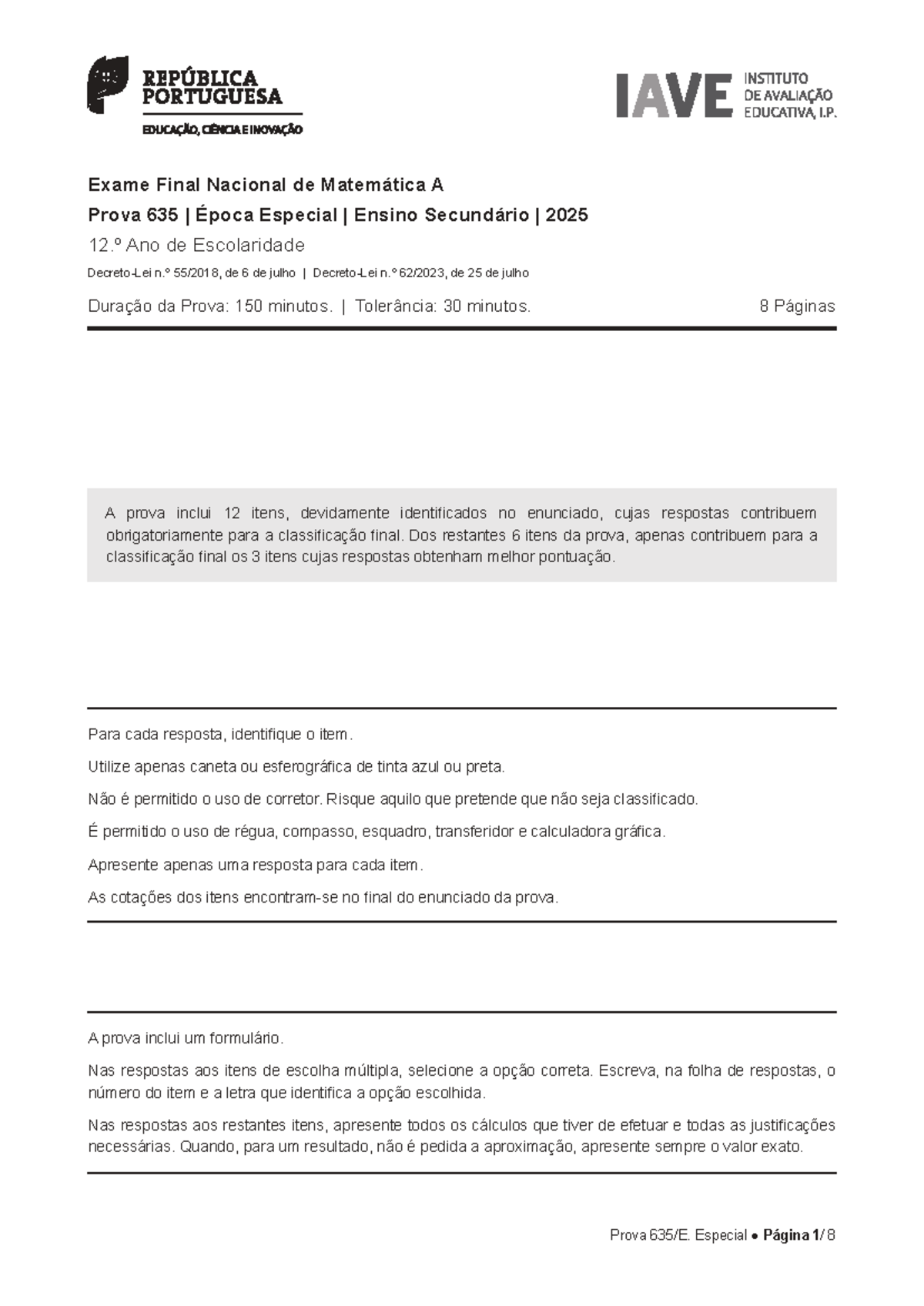 Exame Final Nacional de Matemática A - Prova Especial 2025 12.º Ano ...