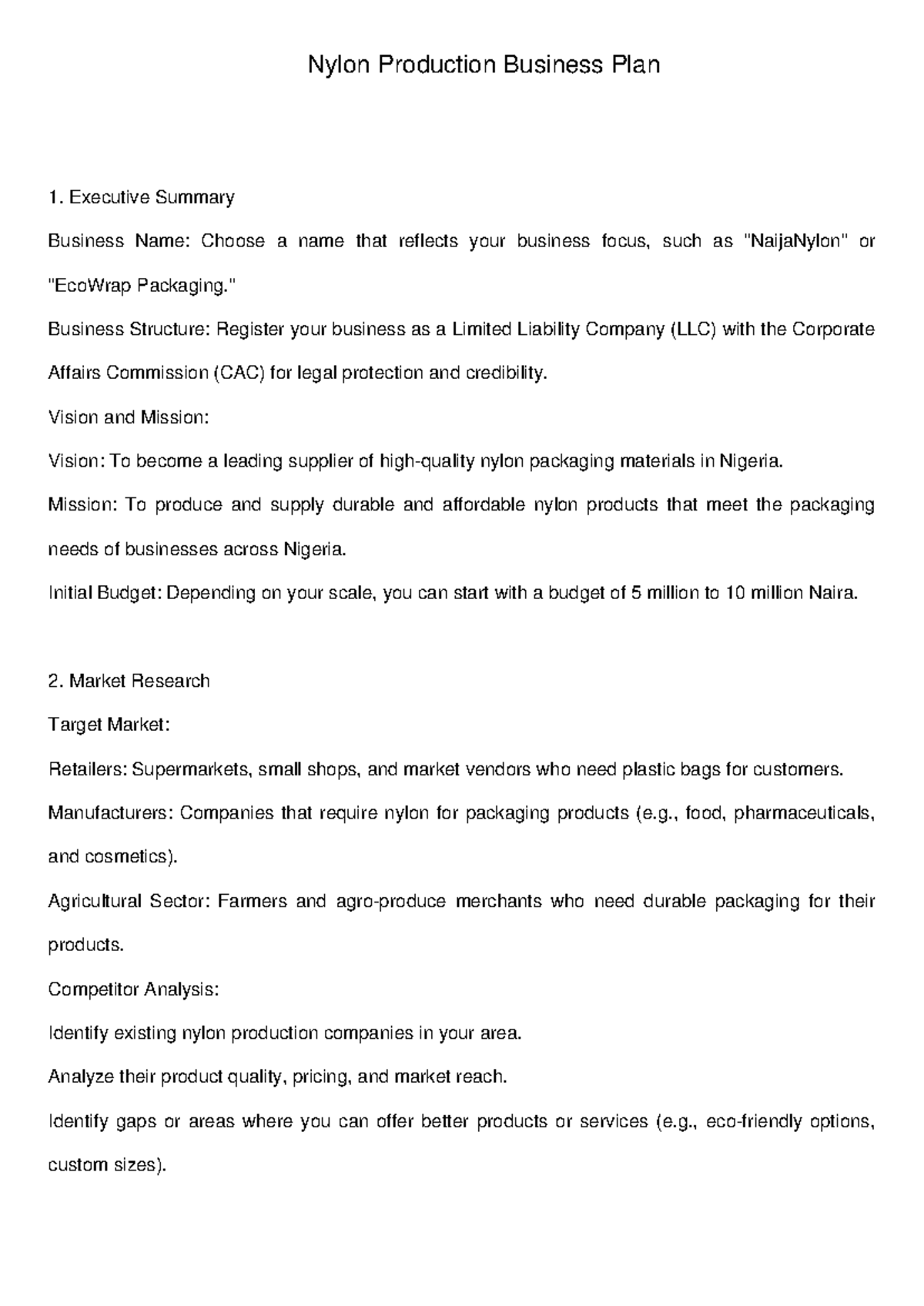 Nylon Production Business Plan: A Comprehensive Strategy Guide - Studocu