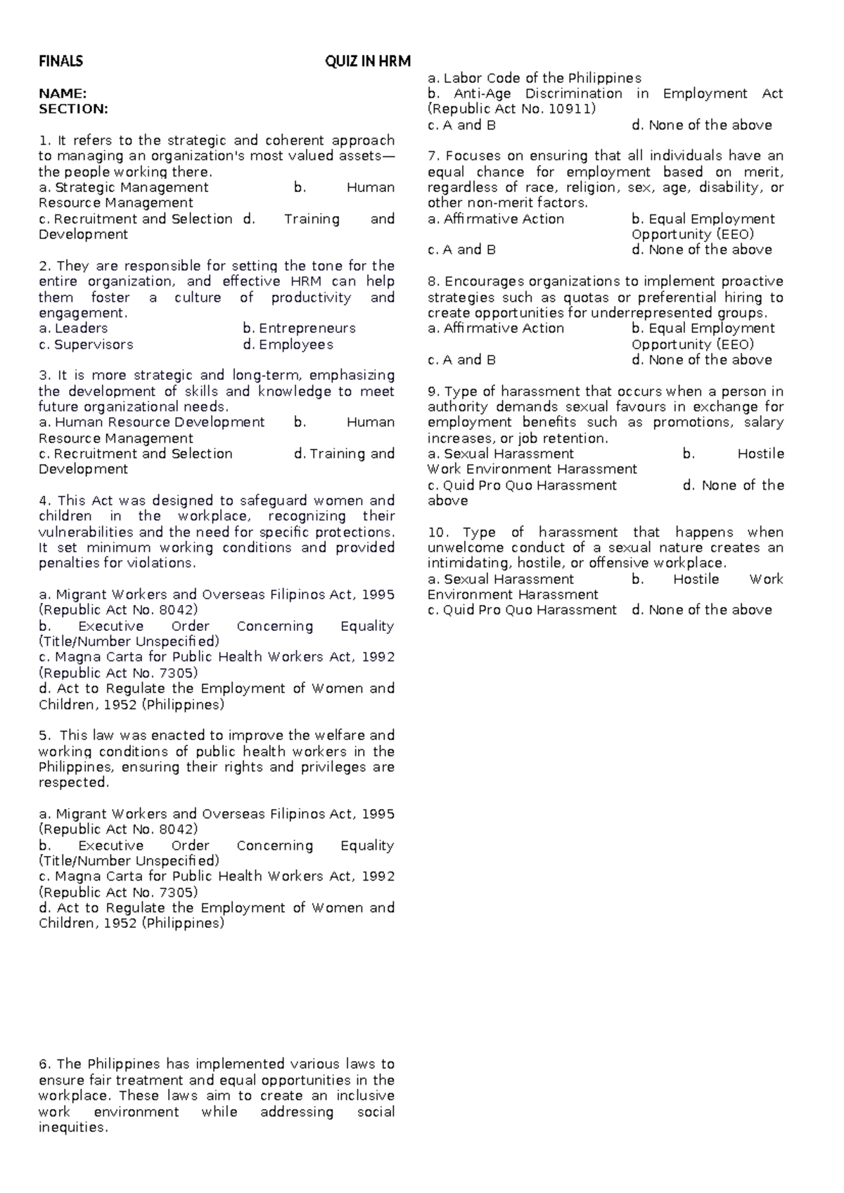 HRM 101: Final Quiz on Human Resource Management Concepts - Studocu