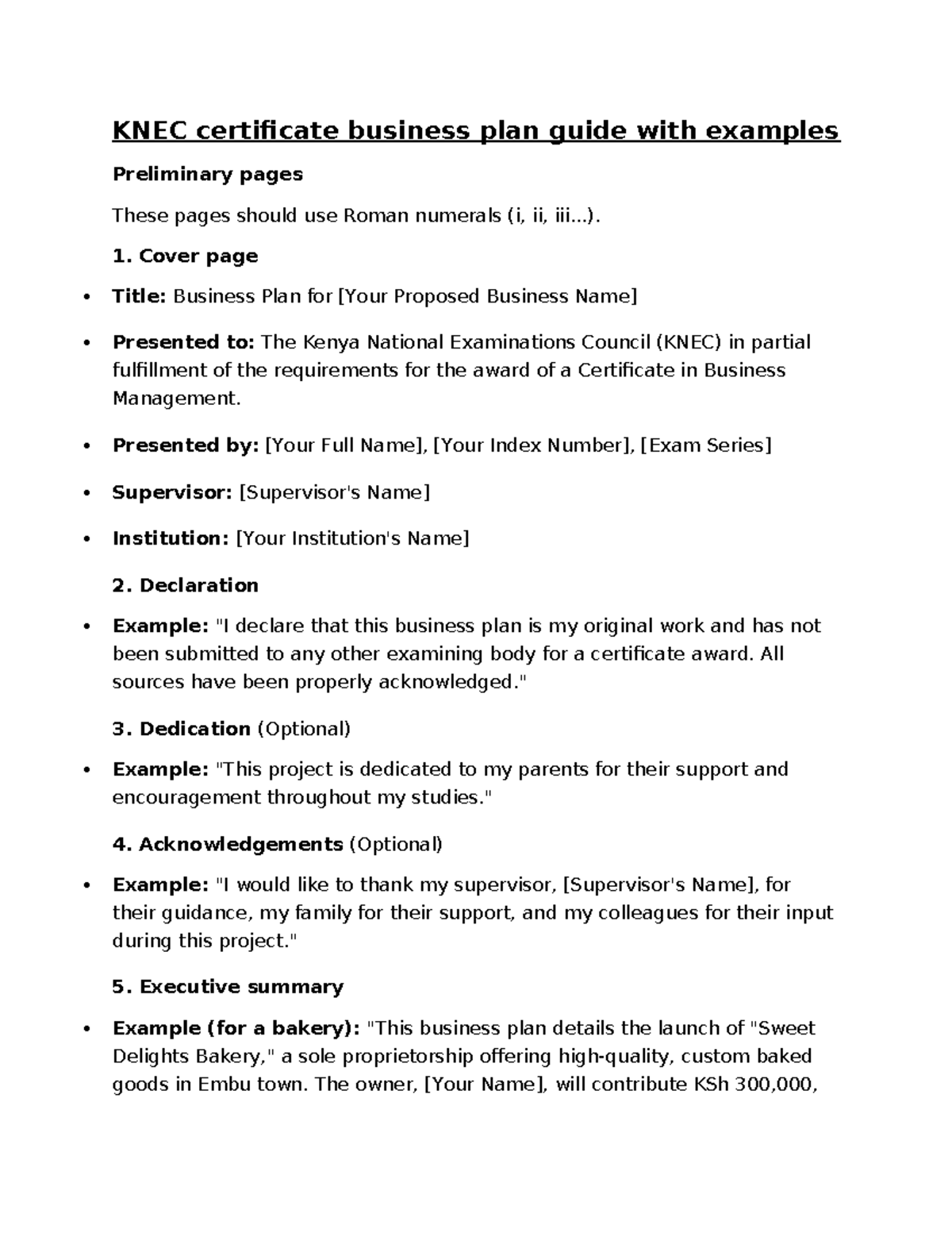 KNEC Certificate Business Plan Guide: Examples & Structure - Studocu