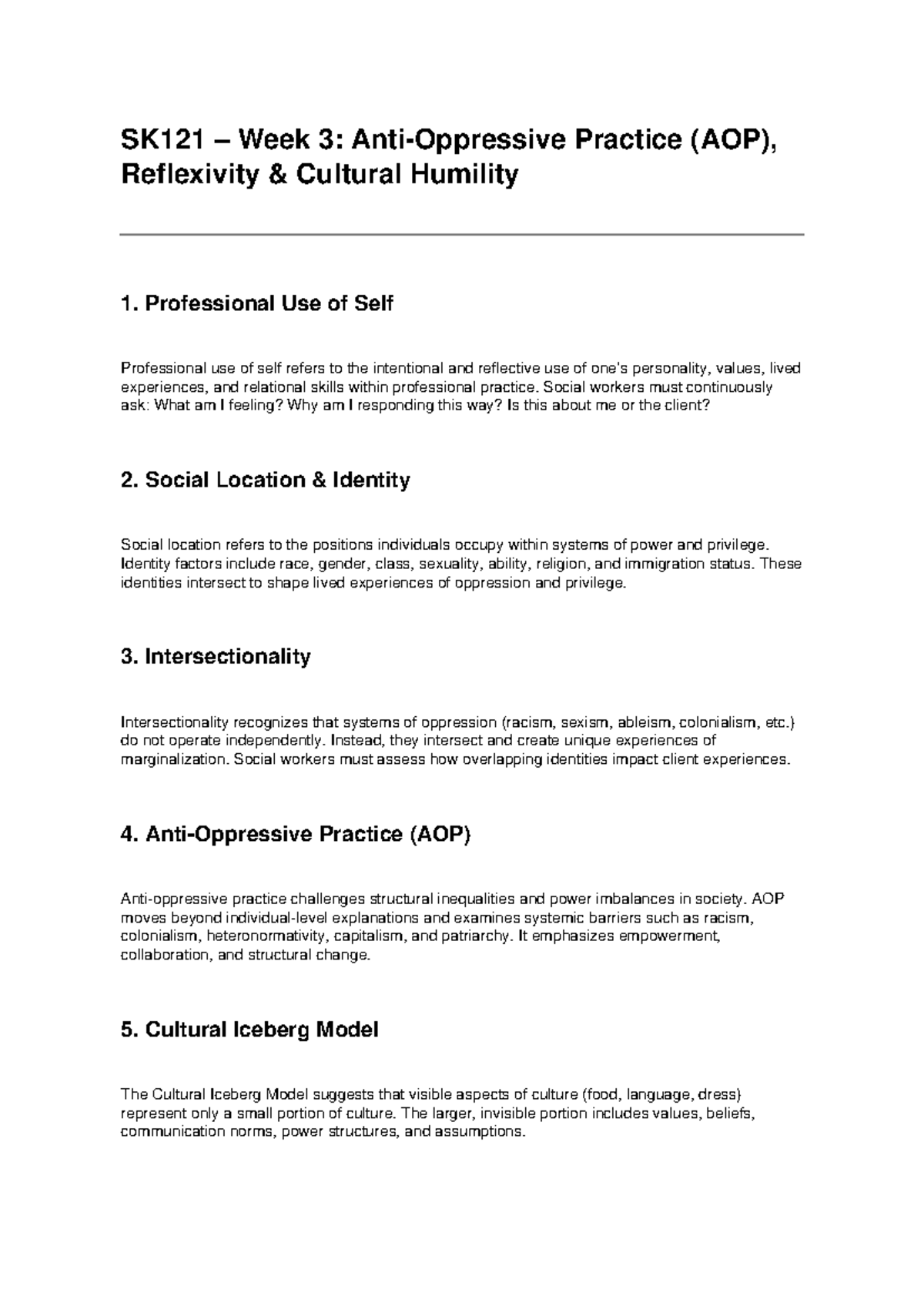 SK121 Week 3: AOP Reflexivity & Cultural Humility Notes - Studocu