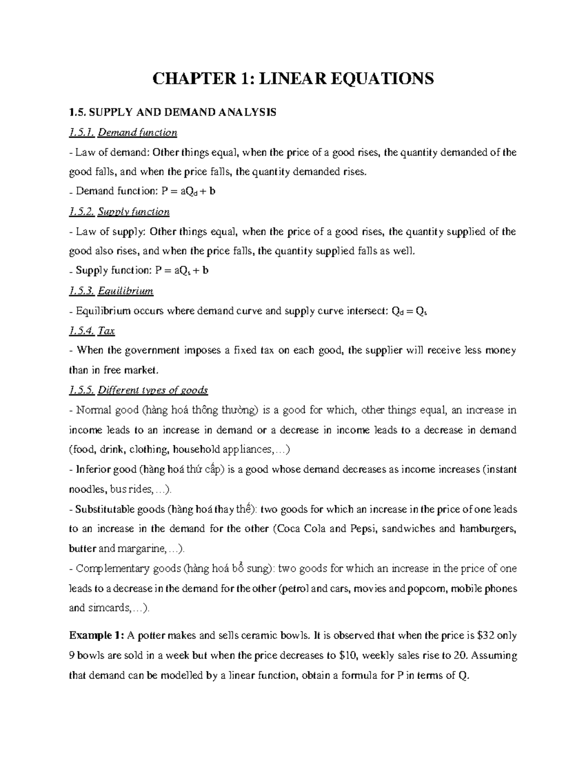 Midterm - revision (TA) - CHAPTER 1: LINEAR EQUATIONS 1. SUPPLY AND ...