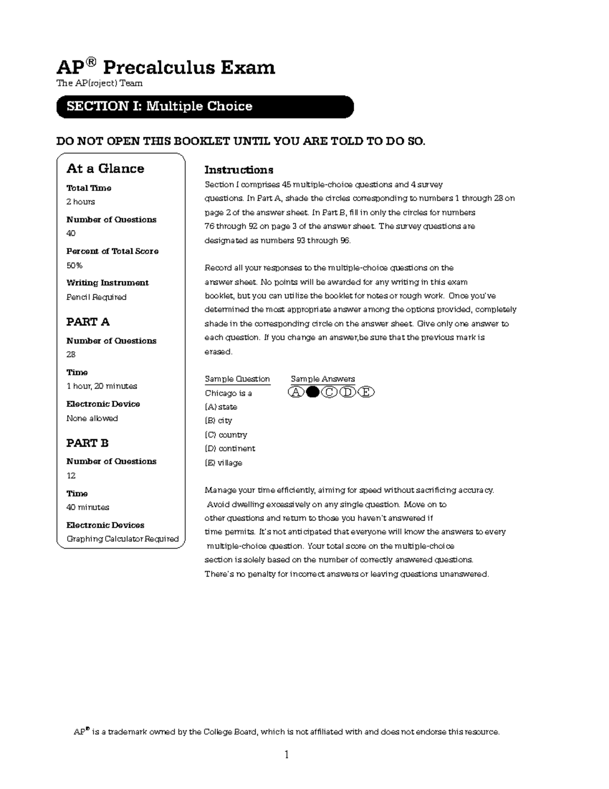 731559270 AProject Precalculus Mock Exam 1 - AP® Precalculus Exam The ...