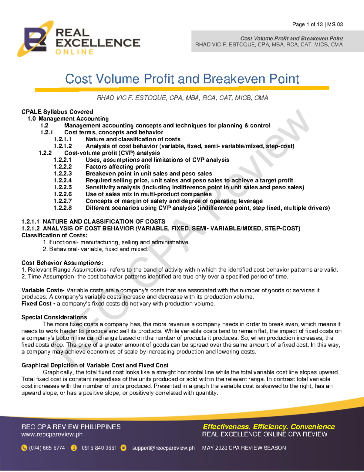 03 REO PRO - Cost Volume Profit & Breakeven Point Study Notes - Studocu