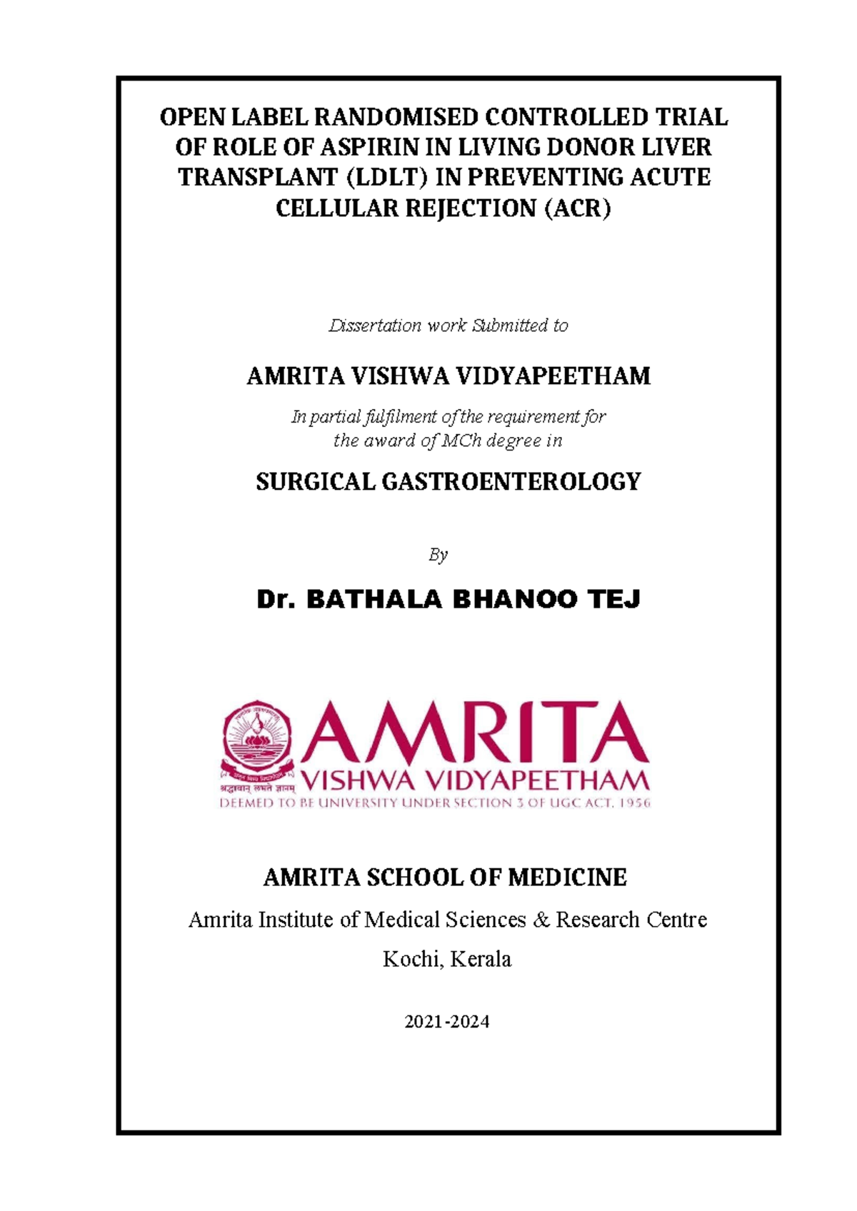 Dissertation on Aspirin's Role in Preventing ACR in LDLT (MCh Surgical ...
