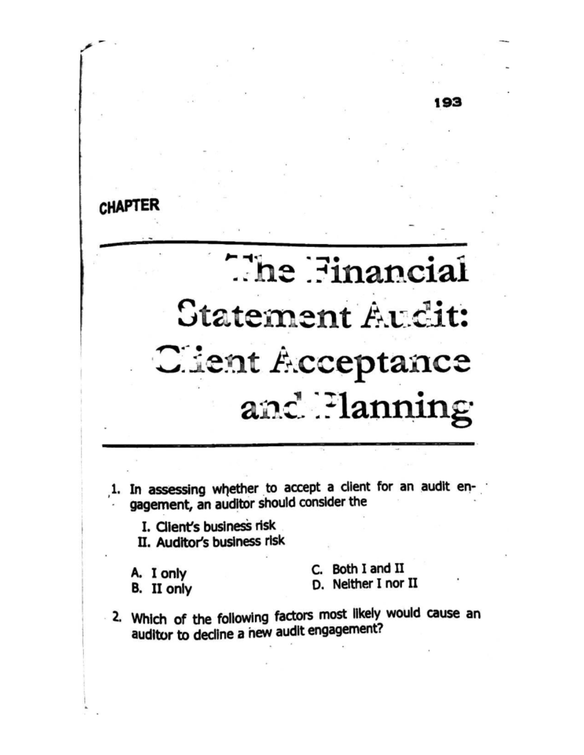 193 CPA AUDITING THEORY: Financial Statement Audit - Client Acceptance ...