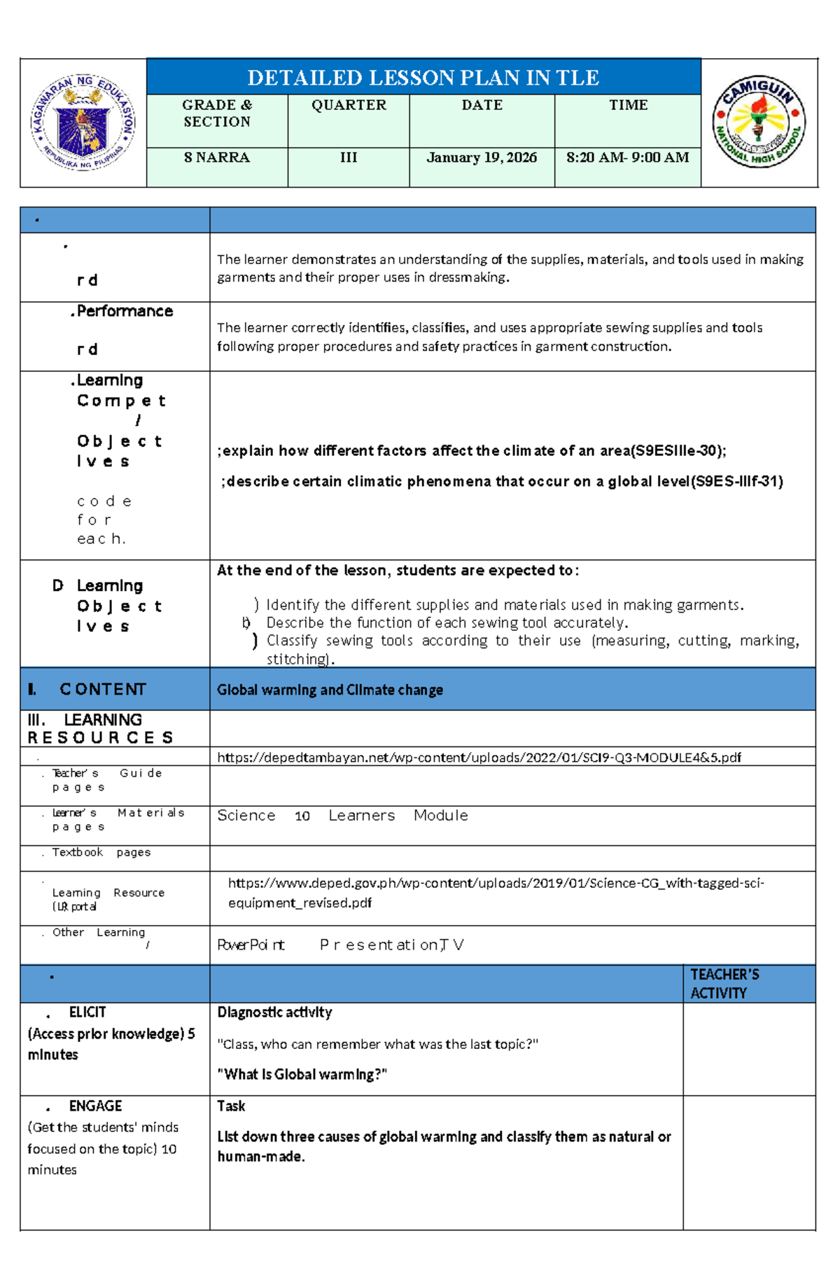 TLE I Lesson Plan: Global Warming & Climate Change (Grade 8) - Studocu