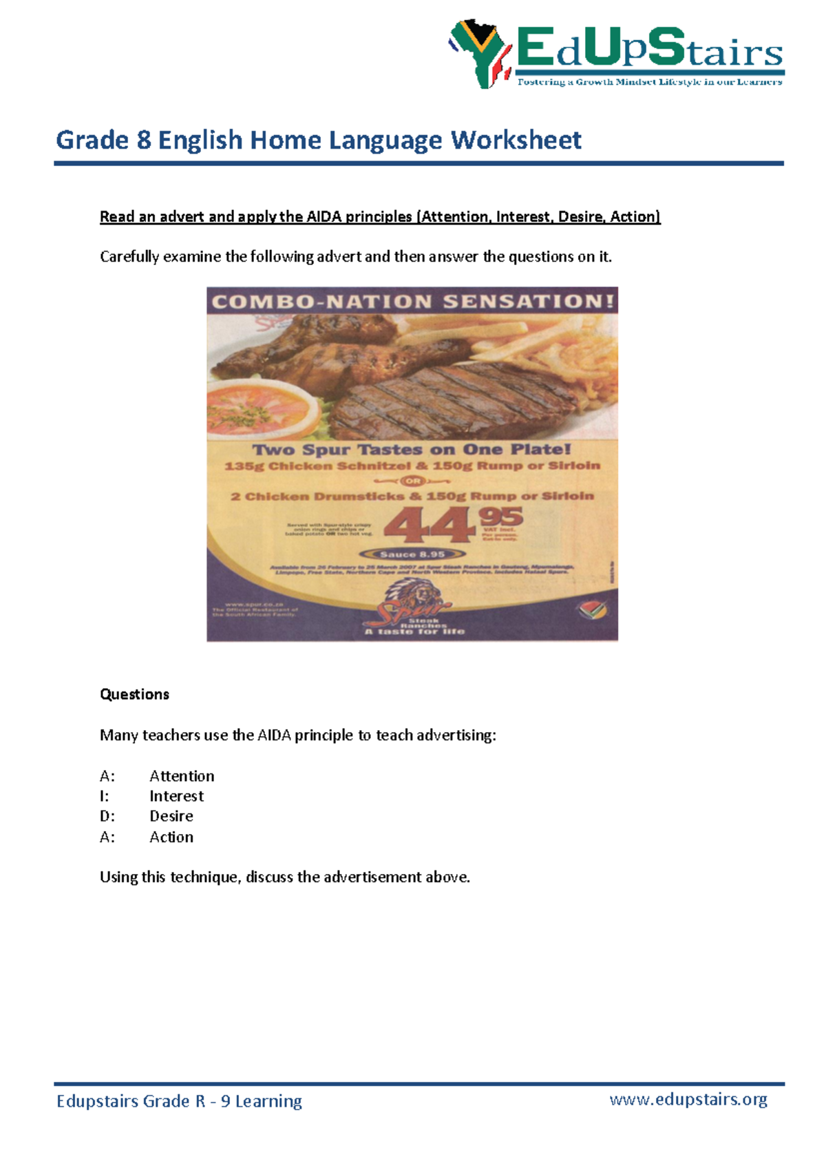 Grade 8 English: AIDA Principles in Advertising Analysis Worksheet ...