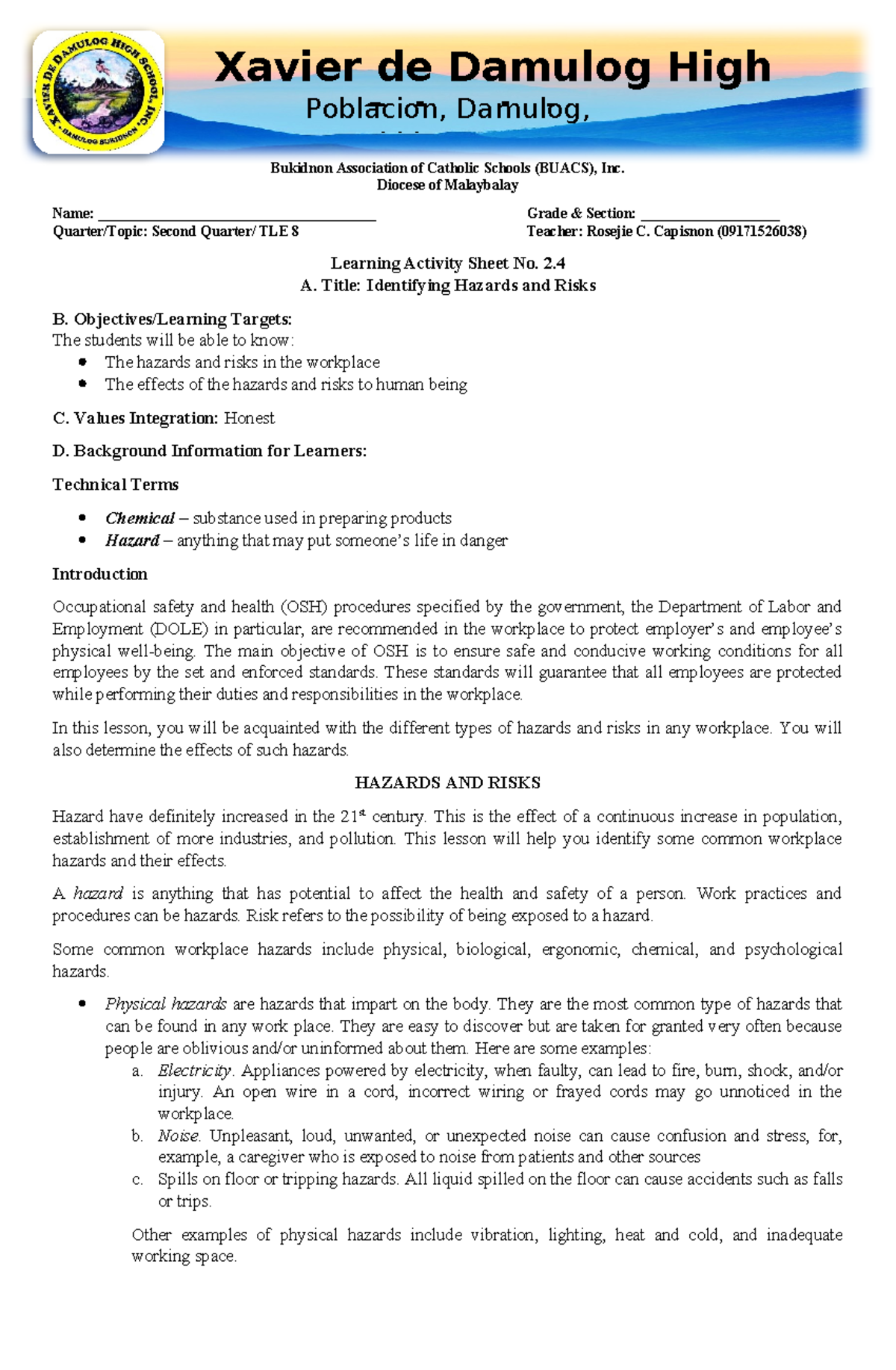 2LAS-TLE8W4 - TLE Lesson Plan: Identifying Hazards & Risks - Studocu