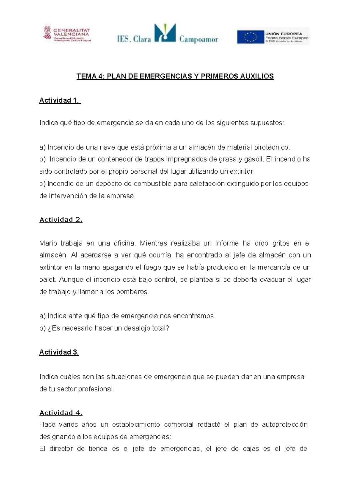 Actividades de emergencias - TEMA 4: PLAN DE EMERGENCIAS Y PRIMEROS ...