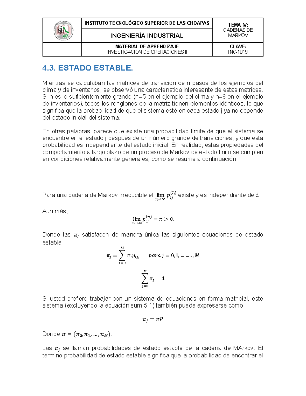 4.3. Estado Estable en Cadenas de Markov - Investigación Operaciones II ...