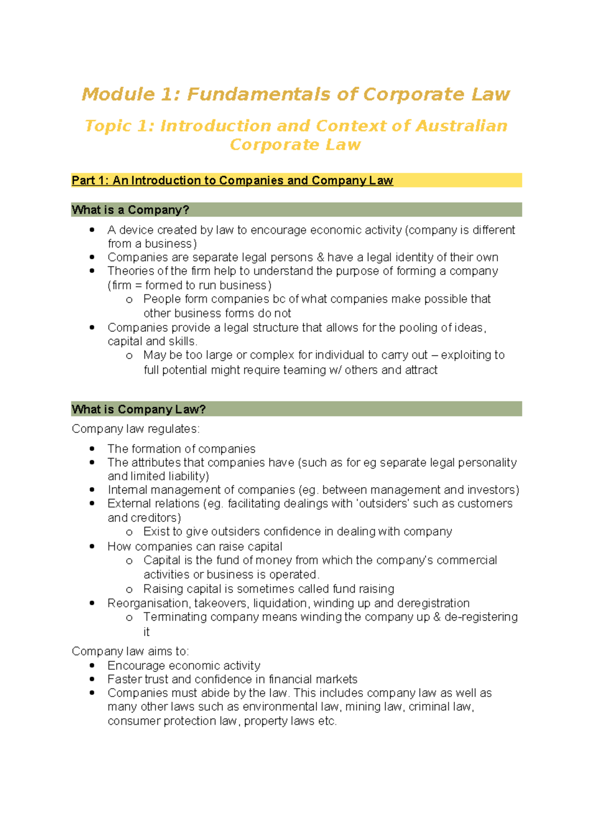 Lecture Notes - Module 1: Fundamentals of Corporate Law Topic 1 ...