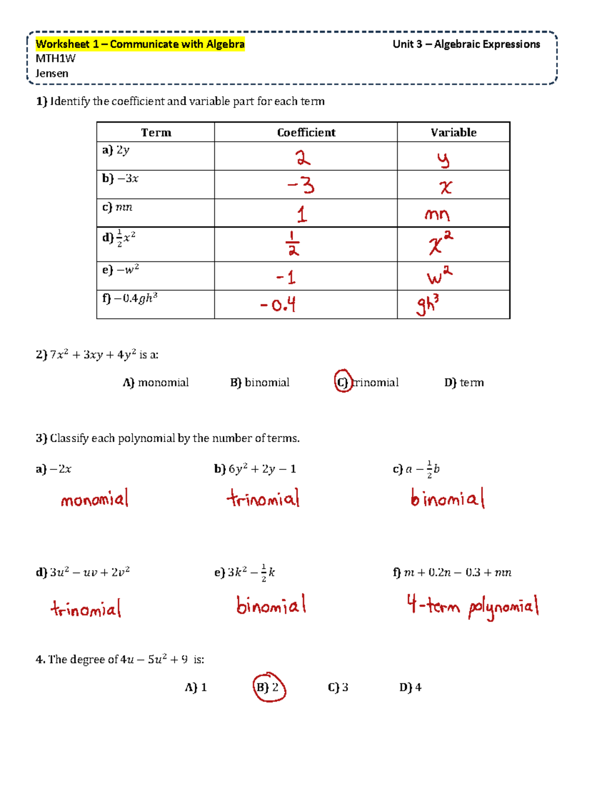 Worksheet 1: Communicate with Algebra MTH1W - Unit 3 Expressions - Studocu