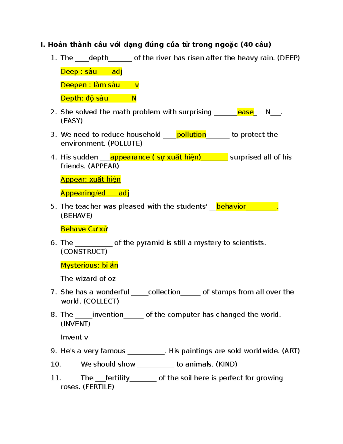 Word Form Exercises - Complete the Sentences (40 Questions) - Studocu