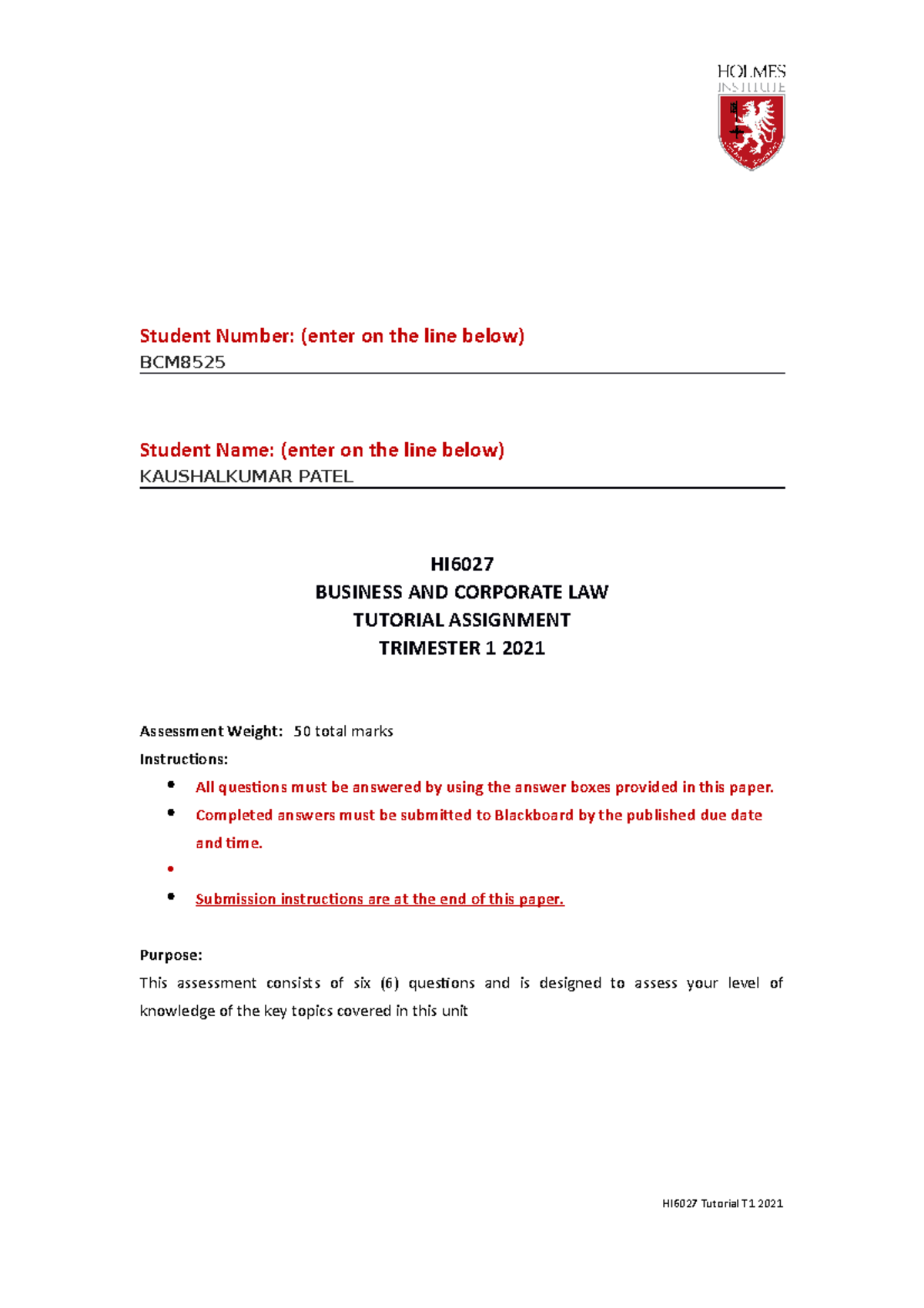 BCM8525 HI6027 - final assessment question answers - Student Number ...